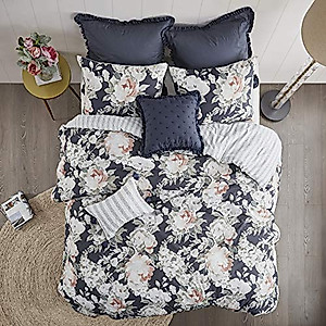 Madison Park 100% Cotton Comforter Set - Feminine Design Colorful Floral Print, All Season Down Alternative Bedding Layer and Matching Shams, California King (104 in x 92 in), Mavis, Dark Blue 8 Piece