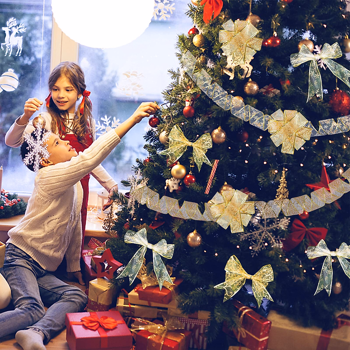 2.5'' Christmas Tree Ribbon Wired, 3 Rolls 30 Yards Gold Christmas Ribbon Mesh Swirl Sheer Glitter Snowflake Organza Ribbon for Christmas Tree Decorations Gift Wrapping, Crafts Garland Xmas Wreath