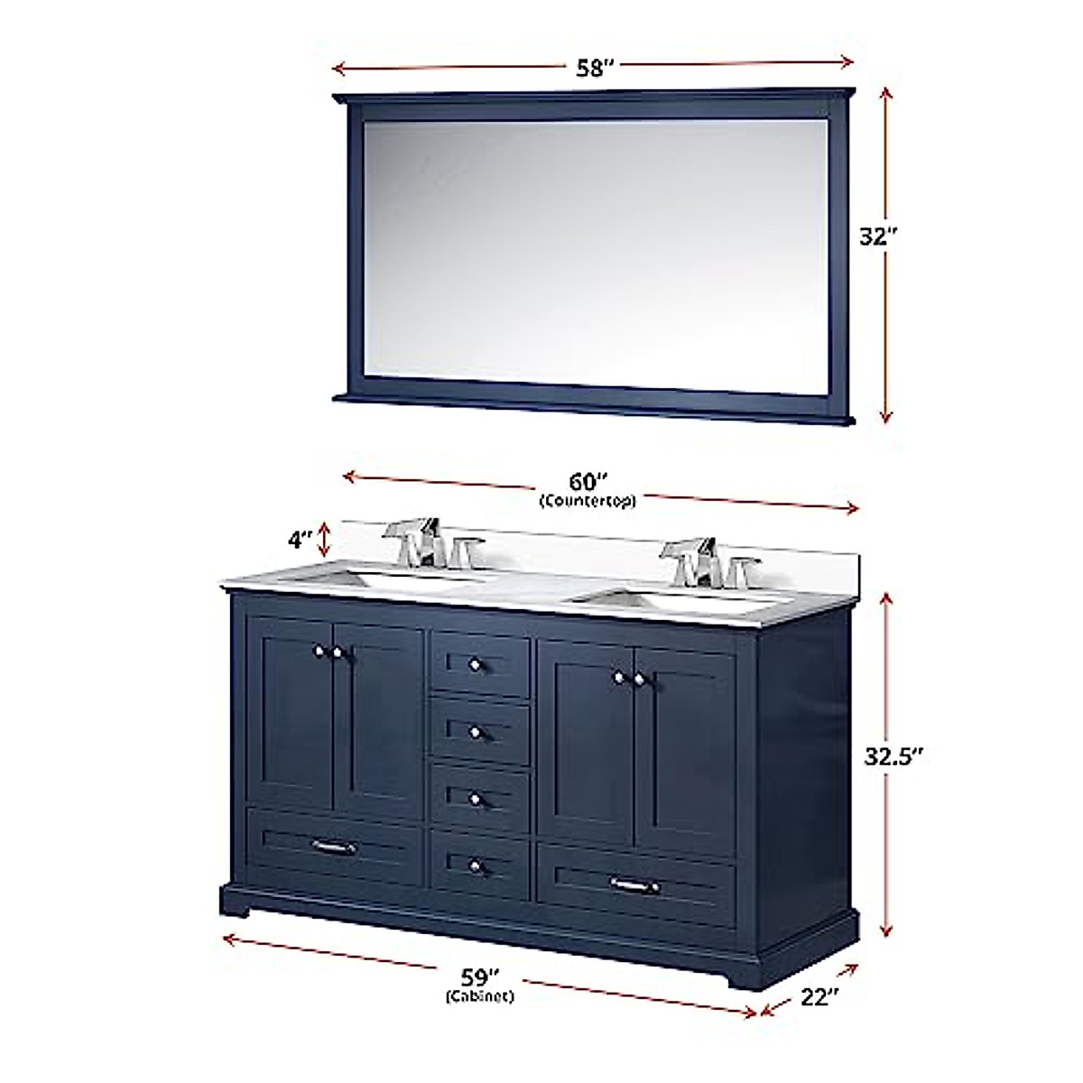 Bell+Modern Tybee 60 in. W x 22 in. D Navy Blue Double Bath Vanity, White Quartz Top and 58 in. Mirror