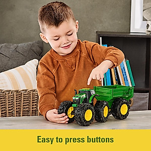 John Deere Monster Treads Tractor Toy with Wagon Toys with Lights and Sounds - Monster Truck Tires - Toddler Toys Ages 3 Years and Up,Red,Green
