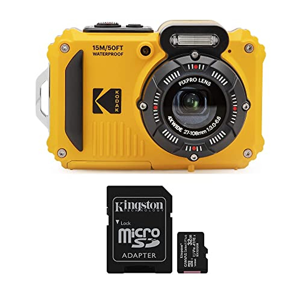 Kodak PIXPRO WPZ2 Rugged Waterproof 16MP Digital Camera with 4X Optical Zoom and Kodak 32GB microSDHC Card with Adapter Bundle (2 Items)