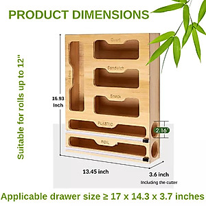 Bamboo Ziplock Bag Organizer - Foil and Plastic Wrap organizer with cutter - Holds up to 12” rolls - Baggie Organizer for Gallon, Quart, Sandwich, Snack Bags - Kitchen Organization - Drawer organizer