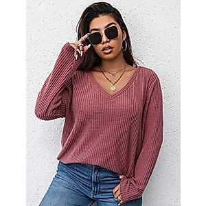 SOLY HUX Women's Plus V Neck Long Sleeve T Shirt Curved Hem Knit Sweater Pullover Tops Solid Pink 3XL