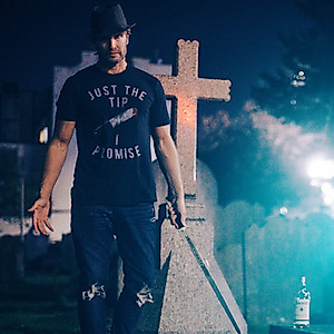 Crazy Dog Men's Halloween T shirt Just The Tip I Promise Pun themed Graphic Novelty Knife Tee funny Innuendo Pun shirt for Guys Crazy Halloween Tee (Heather Black) - XL