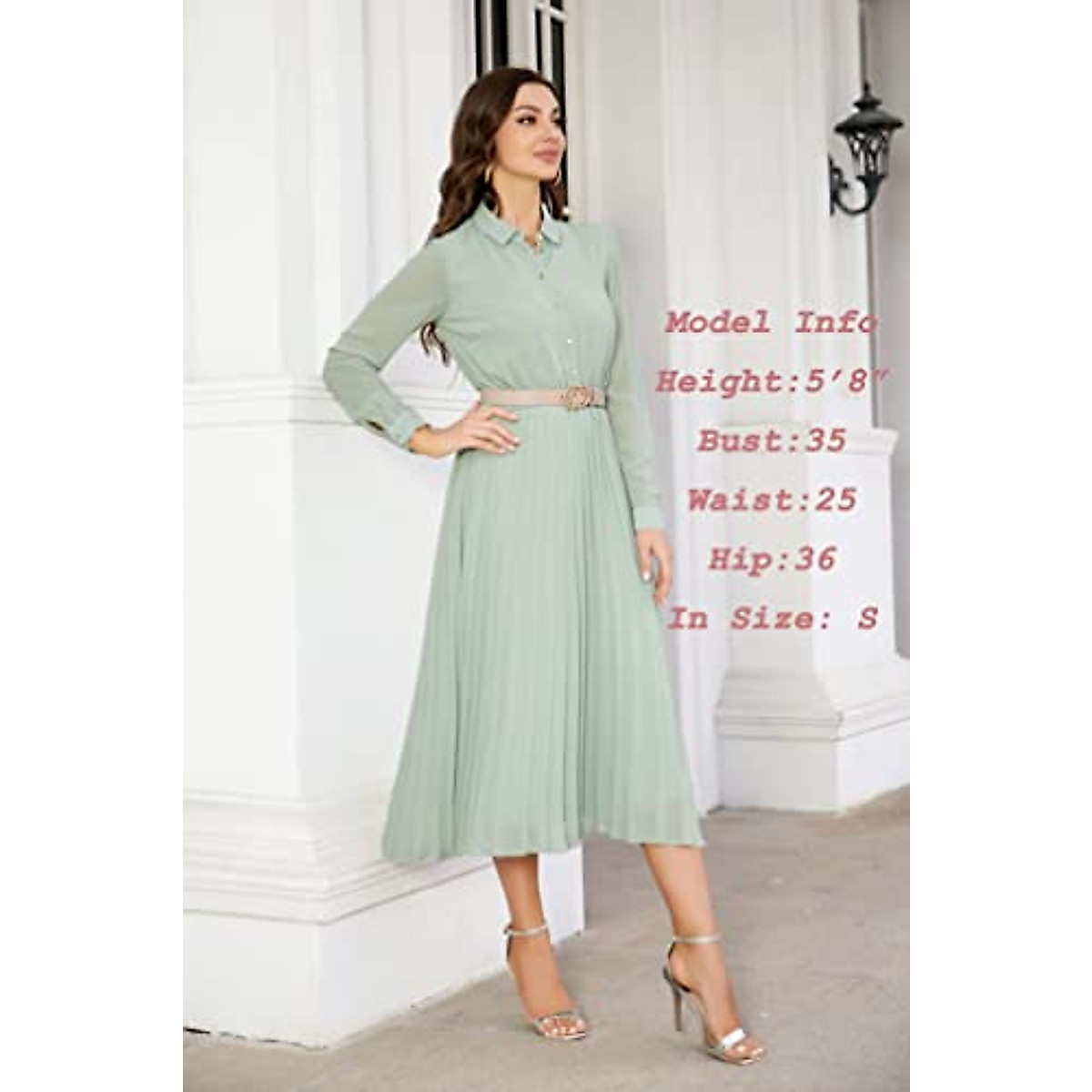 AbleTree Business Casual Shirt Dress for Women Long Sleeves Pleated Midi Dresses with Belt Mint Green