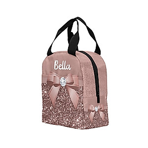 XOZOTY Personalized Rose Gold Diamond Bow Print Lunch Bags with Name Portable Reusable Insulated Lunch Box for School Work Office