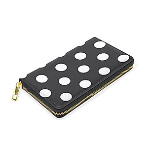 Seamless White Polka Dots on Black Dark Leather Long Wallet Organizer with Zipper Purse Clutch Bag for Women Men