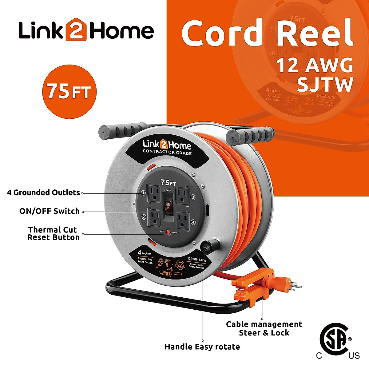 Link2Home Contractor Grade Retractable Extension Cord Reel 75 Ft. With 4 Outlets & Heavy Duty/High Visibility 3-Prong SJTW Cord
