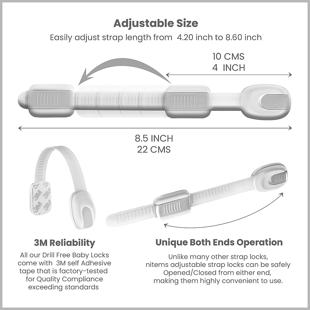 Easy to Install Nitems Cabinet Locks for Babies with Adhesive for Kitchen Cupboard Doors, Fridge, Toilet Seat, Improved Child Safety, No Trapped Fingers- 6Pack-4 Extra 3M (22cm Strap Length, 6.00)