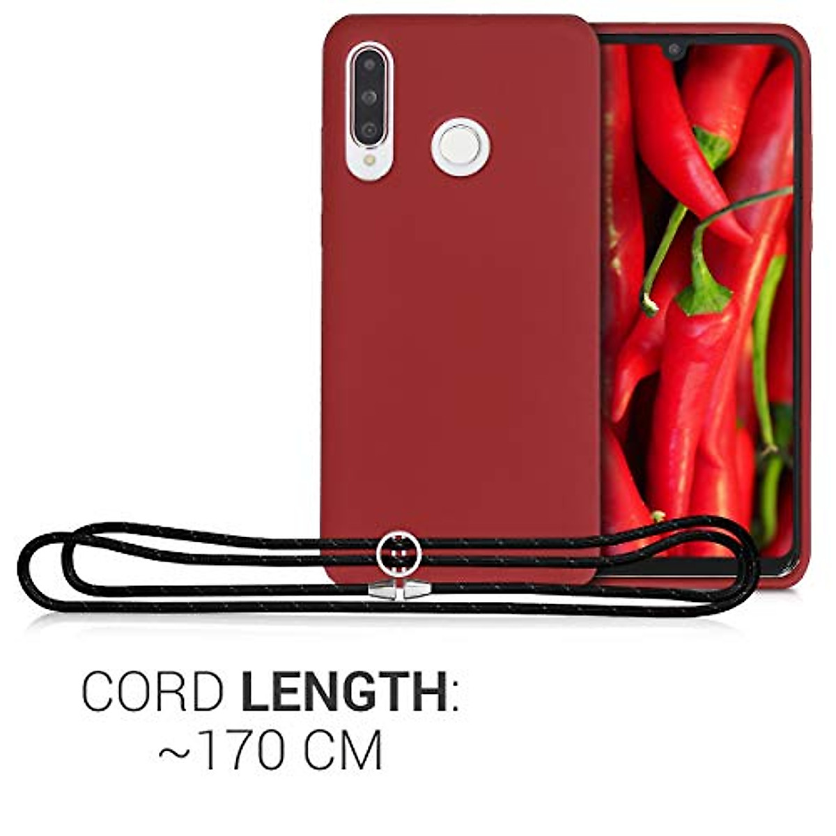 kwmobile Crossbody Case Compatible with Huawei P30 Lite - TPU with Silicone Coating Cover with Neck Cord Lanyard Strap - Dark Red/Black
