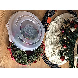 HOMZ Set of 3 Holiday Wreath Plastic Storage Containers, Holds Up to 24” Diameter, Secure Latching Lid and Easy Grip Handle, Stackable and Nestable, Red/Clear