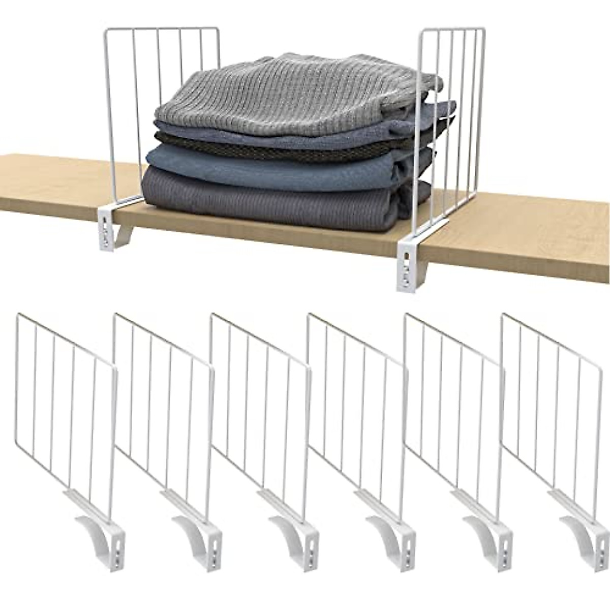 BTSD-home Adjustable Shelf Divders for Organization and Storage Metal Closet Dividers for Wood Shelves in Cabniet Kitchen Bedroom and Office (6 Pack)