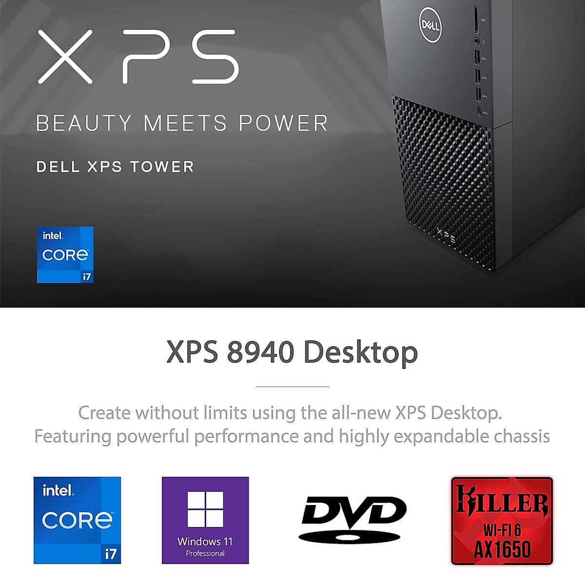 Dell Newest XPS 8940 Business Desktop, Intel Core i7-11700, 64GB DDR4 RAM, 1TB SSD, Wired Keyboard and Mouse Combo, DP, HDMI, DVD-RW, Killer Wi-Fi 6, Bluetooth, Windows 11 Pro, Black