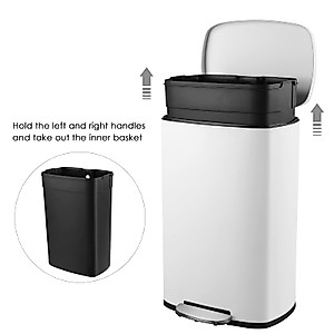 FINETONES Trash Can, Stainless Steel Garbage Can with Silent Lid, Durable Pedal & Inner Bucket, Pedal Garbage Bin for Kitchen Inside Outside (50L, White)