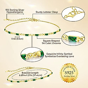 CDE 925 Sterling Silver Birthstone Tennis Bracelets for Women Dainty Simple Infinity Symbol Link Charm Bracelet Birthday Anniversary Valentine's Mother's Day Gifts for Mom Wife Mom Her Girl, Chain Length 6.7”+1.6” (Gold-05-May-Emerald Green)
