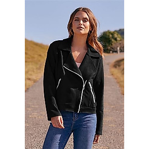 PRETTYGARDEN Women's Winter Faux Suede Moto Jacket Long Sleeve Zipper Pockets Short Coat Y2K Fashion Casual Outerwear (Black,Medium)