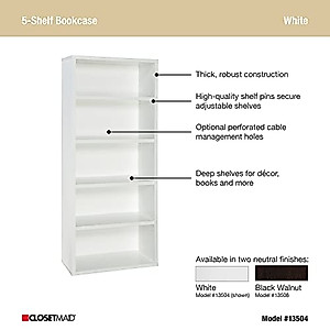 ClosetMaid Bookshelf with 5 Shelf Tiers, Adjustable Shelves, Tall Bookcase Sturdy Wood with Closed Back Panel, White Finish