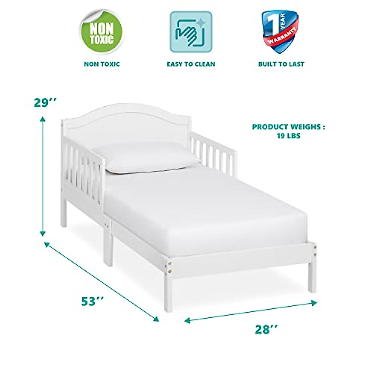 Dream On Me Sydney Toddler Bed in White, Greenguard Gold Certified, JPMA Certified, Low To Floor Design, Non-Toxic Finish, Safety Rails, Made Of Pinewood