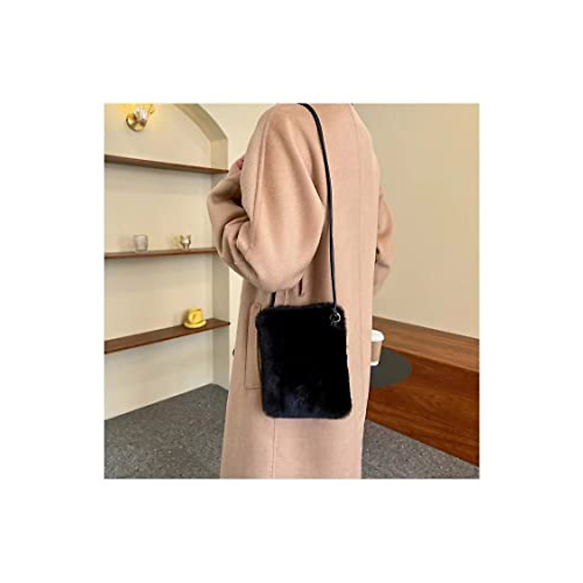 Ulisty Women Autumn Winter Small Plush Cellphone Bag Mini Fluffy Tote Bag Shoulder Bag Handbag Crossbody Bag brown