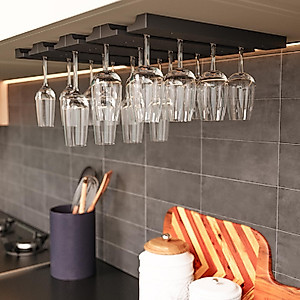 Rustic State Vigo 4 Sectional Adjustable Under Cabinet Mount Wood Stemware Rack Hanging Shelf Glassware Holder Bar Organizer with up to 12 Wine Glass Storage 12 Deep Long Black