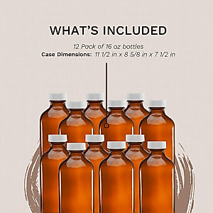 Native Vanilla Glass Amber Boston Round Bottles - 16 oz - White Ribbed Cap - (Pack of 12)