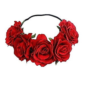 DNHCLL Rose Flower Crown, Floral Headpiece for Women and Girls - Red Artificial Rose Hair Wreath with Headband