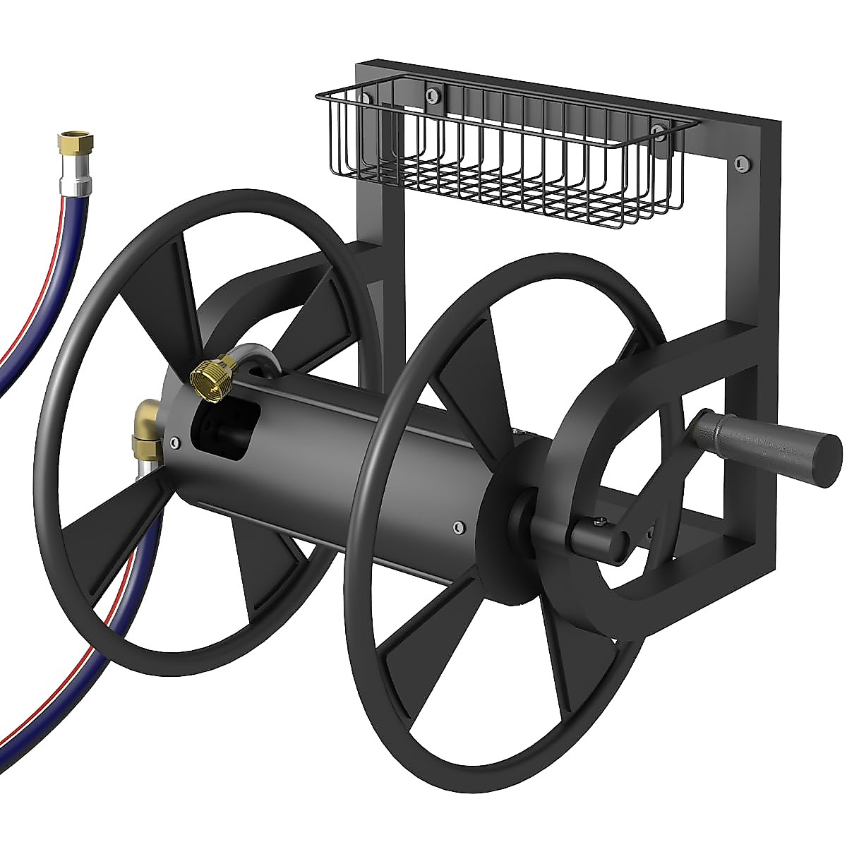 Artigarden Outdoor Garden Hose Reel Wall Mount, Heavy-Duty Water Hose Holder Winder with 3.9 ft Leader Hose, Brass Fitting and Storage Basket for Yard, Holds 125 Feet of 5/8-Inch Hose, Black
