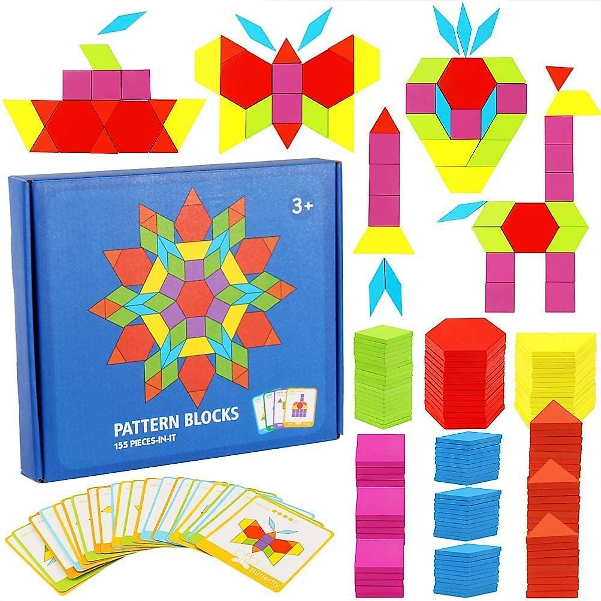 KanCai 155PCS Wooden Pattern Blocks Set Geometric Shape Puzzles Classic Educational Toys Tangrams Set for Kids Ages 3-8 with 24 Pcs Design Cards