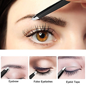 HAWATOUR Tweezers Set, 4Pcs Eyebrows Tweezers and a Pair of Scissor with Leather Case, Great Precision for Eyebrow, Ingrown Hair, Splinter, Facial Hair Removal, Black