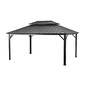 12x16 Outdoor Patio Hardtop Gazebo with Spliced Structure for Easy Assembly,Galvanized Steel Metal Double Roof Aluminum Permanent Frame with Netting and Curtains for Backyard Garden