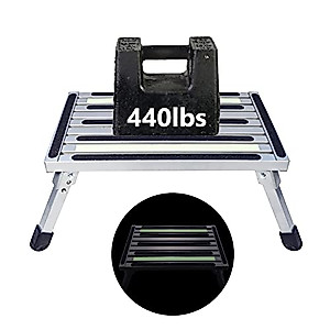 Aluminum Folding RV Steps with 2 Luminous Strips, Working Platform, One Step Ladder, Rubber Feet and Sandy Surface, for RV, Motorhome, Trainler, SUV, Garage, Office & Kitchen, Load Capacity 440LBS