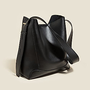 Women's Leather Hobo Designer Handbags Tote Purses for Women, Satchel Shoulder Bucket Bags (Black)