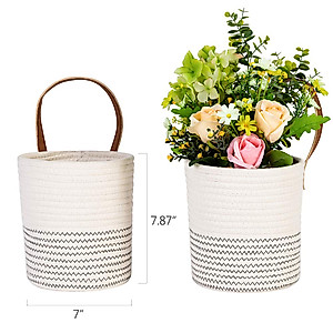 HIGOGOGO 2 Pack Wall Hanging Cotton Storage Baskets, Small Rope Baskets with Leather Handle Door Closet Organizer Woven Baskets for Keys, Wallet, Plants, Towels, Toys, 7.87" x 7"
