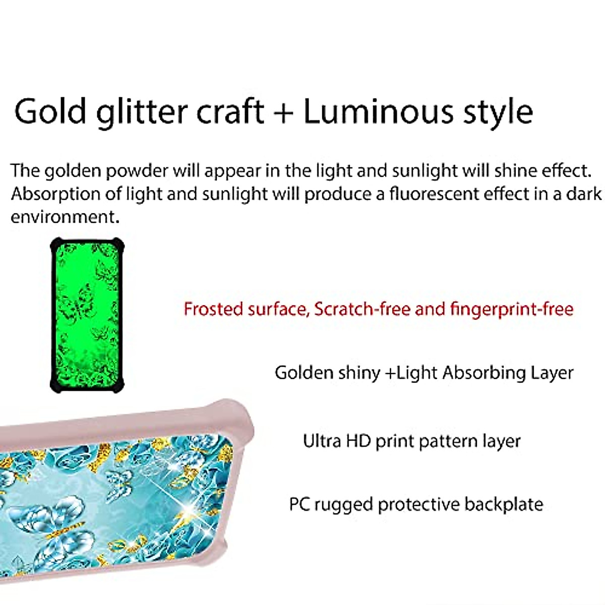 jioeuinly Ans Artia Case Compatible with Ans Artia ACK2326 Phone Case Cover [with Tempered Glass Screen Protector][Hard PC + Soft Silicone][Gold Glitter+Luminous] JSF-YHD