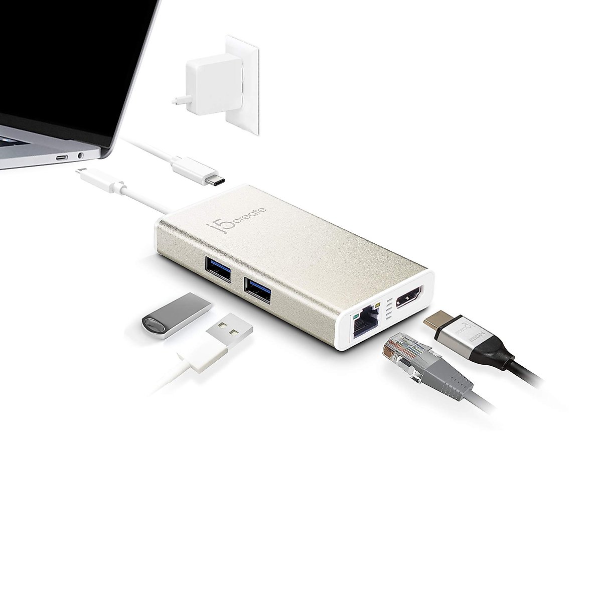 j5create USB C Hub Multi-Adapter Docking Station with HDMI 4K, 2X USB 3.1 SuperSpeed Ports, Ethernet, Power Delivery 2.0, JCA374-R (Renewed)