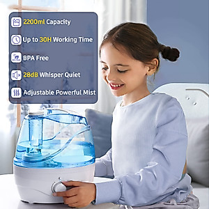 2200ml Humidifiers for Bedroom, Cool Mist Humidifier for Home Nightlight, Adjustable 360°Rotation Nozzle, 30Hrs Run-Time 28dB, BPA-Free Auto-Shut Off Humidifier for Large Room, Easy to Clean (White)
