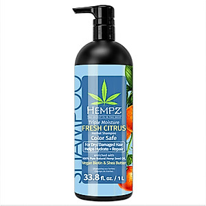 Hempz Biotin Hair Shampoo - Triple Moisture Fresh Citrus - Peach & Grapefruit - For Growth & Strengthening of Dry, Damaged and Color Treated Hair, Hydrating, Softening, Moisturizing 33.8 Fl OZ