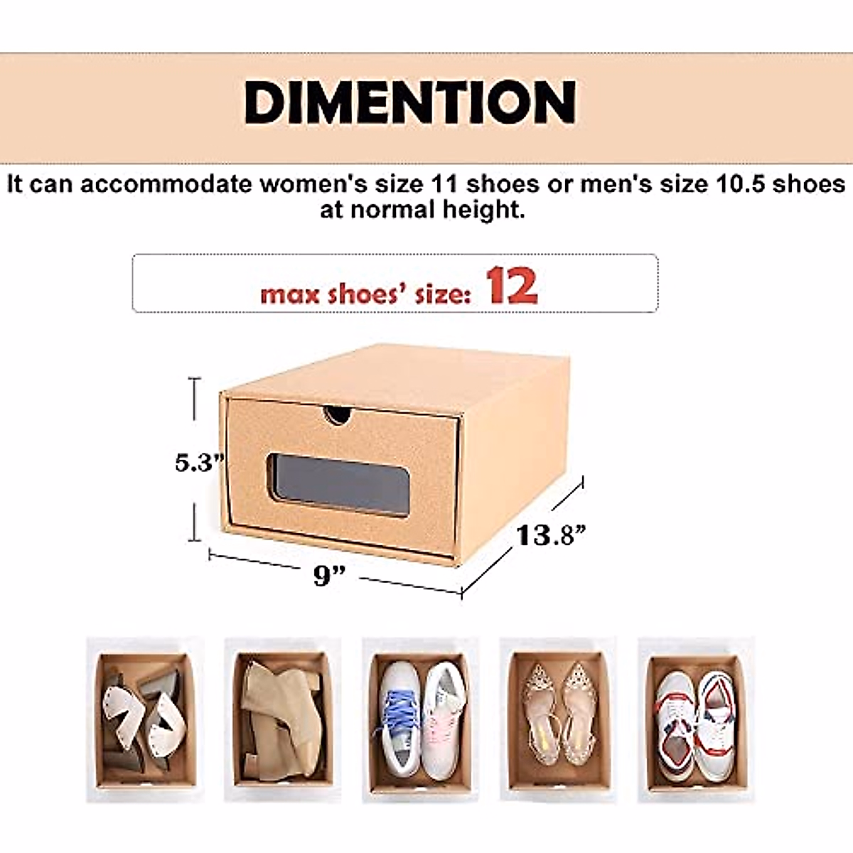 MYOYAY Shoe Box (20PCS) with Transparent Window, Waterproof Stackable Cardboard Storage Boxes, Heavy Duty Kraft Drawer Box for Shoes Sneaker Wardrobe Closet Organizer, 13.7 x 9 x5.3