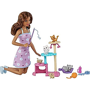 Barbie Kitty Condo Doll and Pets Playset with Barbie Doll (Brunette), 1 Cat, 4 Kittens, Tree & Accessories, Toy for 3 Year Olds & Up