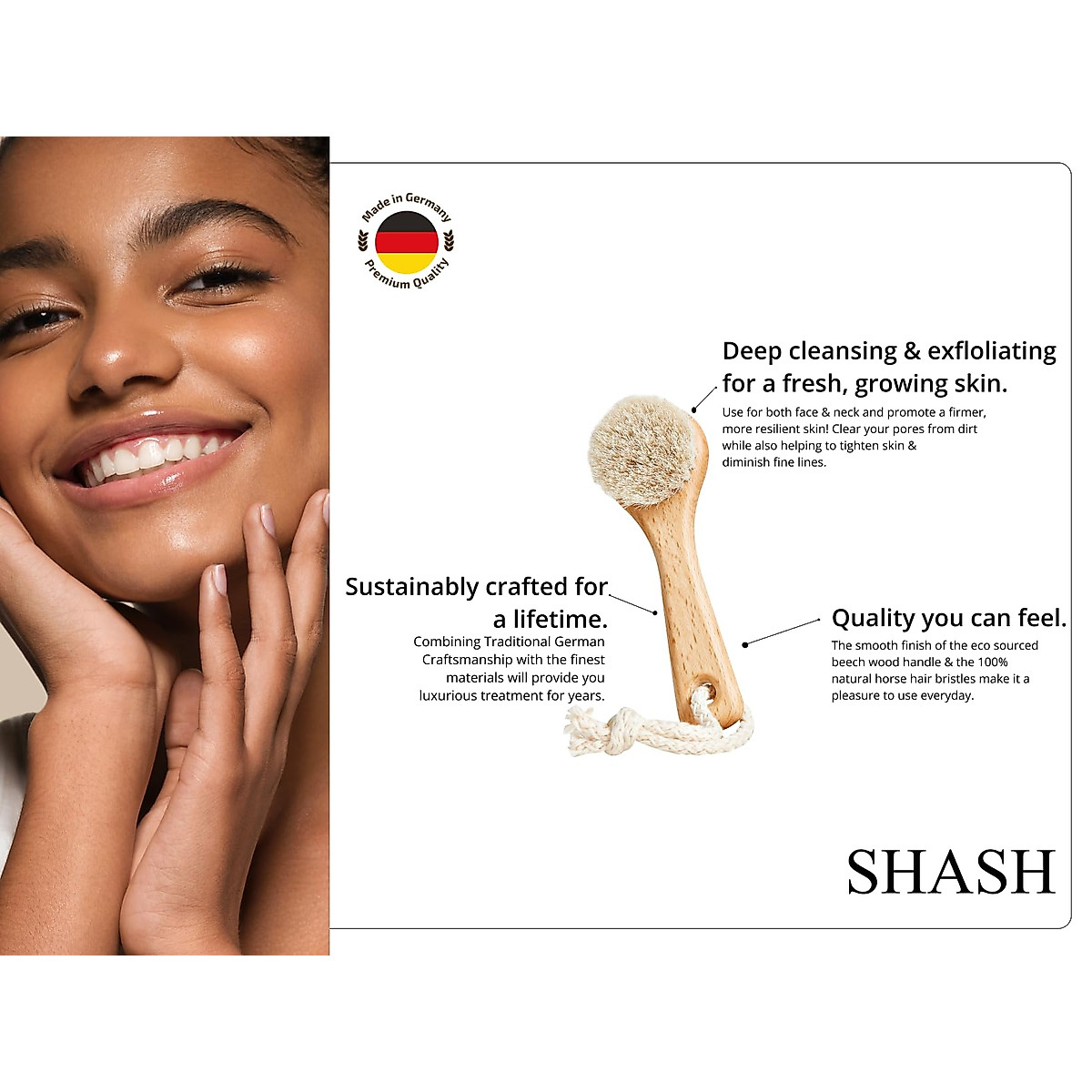 Since 1869 Hand Made in Germany - Sustainable Exfoliating Face Brush, Scrub Cleansing Brush, Exfoliates Skin to Help Reduce Flaking, Fine Lines, Supports Glowing Complexion (Medium Horse Hair Bristle)