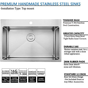 SHACO Commercial 28 inch 16 Gauge Top mount Drop-in Single Bowl Basin Handmade T304 Brushed Nickel Kitchen Sink, Stainless Steel 9 Inch Deep Kitchen Sinks, Fregadero