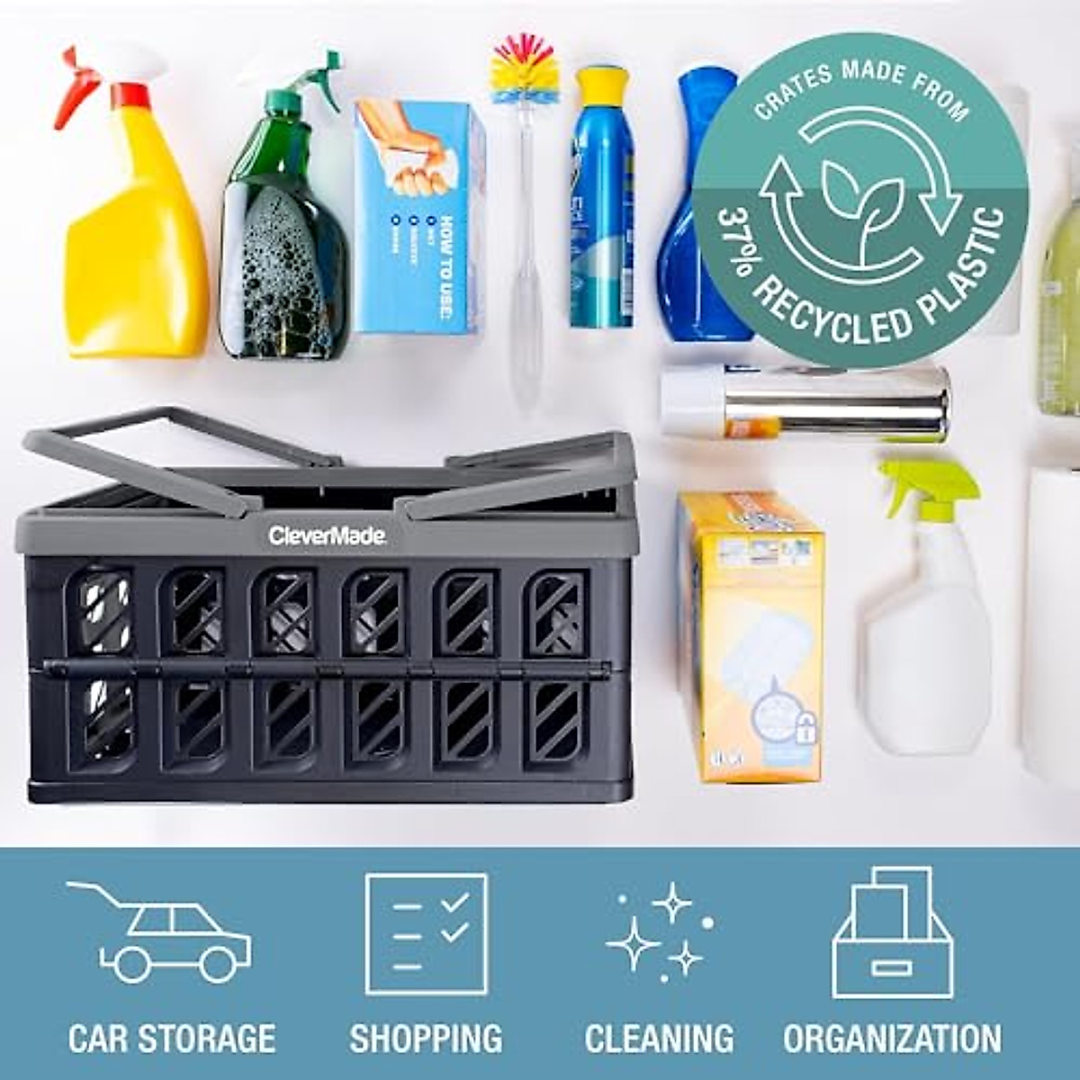 CleverMade Collapsible Shopping Basket, Ocean, 3PK - 24L (6 Gal) Reusable Plastic Grocery Shopping Baskets, Holds 25lbs Per Basket - Small Foldable Storage Crates with Handles