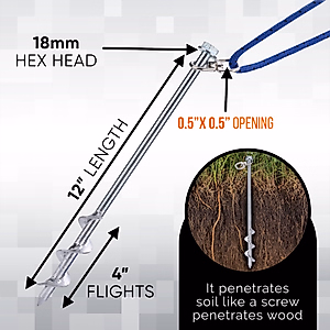 Ground Anchors Screw in - 12 Inch Set of 4 - Tent Stakes Heavy Duty - Trampoline Anchor Kit - Earth Anchor - Swing Set Anchors for Metal Swing Set - Trampoline Stakes Anchors High Wind