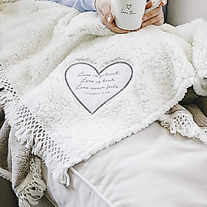 Pavilion - Love is Patient Love is Kind Love Never Fails - 1 Corinthians 13: 4-8 - 42x50 Inch Super Soft Sherpa Tassel Fringe Blanket Wrapped in A Ribbon with A Handle