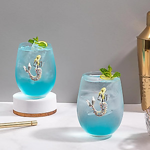 THE QUEENS' JEWELS Aurora Borealis Mermaid Jeweled Stemless Wine Glass, 21 oz. - Unique Gift for Women, Birthday, Cute, Fun, Not Painted, Decorated, Bling, Bedazzled, Rhinestone