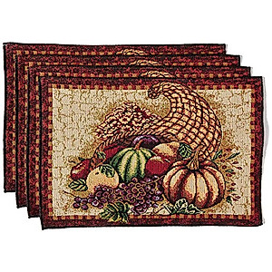 Violet Linen Fall Harvest Thanksgiving Autumn Leaves Sunflowers Fruits Pumpkins Tapestry Pattern, Polyester Cotton Woven Tapestry, Cornucopia, 13 X 19, Rectangler Set of 4, Decorative Place Mats
