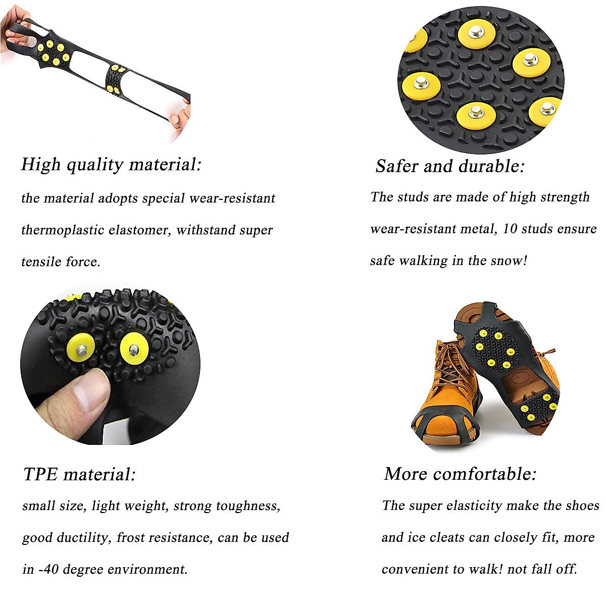 HoFire Ice Cleats for Shoes and Boots, Ice Snow Traction Cleats Grippers, Non Slip Shoe Ice Grippers,10 Steel Rubber Spikes Crampons Anti Easy Slip Studs Crampons Slip-on Stretch Footwear(Black, S)