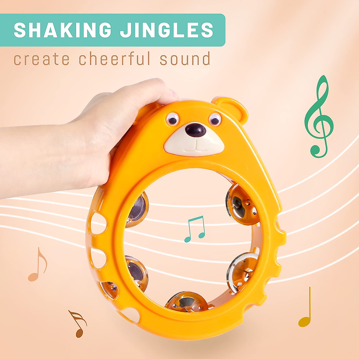 YONTY Hand Tambourine Bells, 2 Pack Yellow Bear Plastic Musical Percussion, Cartoon Pattern Kids Tambourines Rhythm Toys, Lovely Jingles Music Instrument for Christmas Birthday Gift