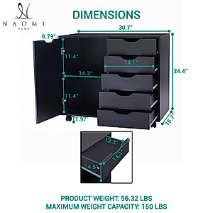 Naomi Home Amy 5 Drawer Chest, Wood Storage Dresser Cabinet with Wheels, Craft Storage Organization, Makeup Drawer Unit for Closet Bedroom Office File Cabinet - Distressed Black