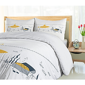 Ambesonne Yellow Submarine Duvet Cover Set, Submarine Fish and a Treasure Chest on The Sea Bottom Print, Decorative 3 Piece Bedding Set with 2 Pillow Shams, California King, White and Earth Yellow